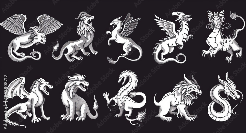 The medieval heraldic animals sketch includes lion, unicorn, dragon and ...