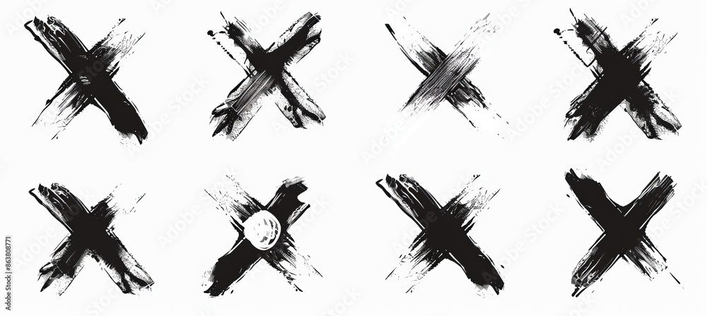 X scribble crosses in black ink. Set of grunge errors or cancellation ...