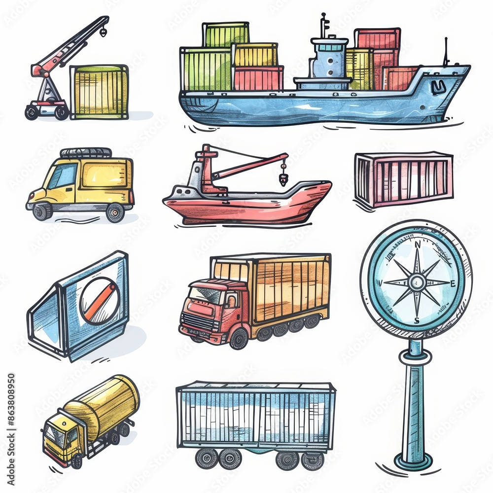 Icons of a container ship unloading at port, a cargo crane and ...