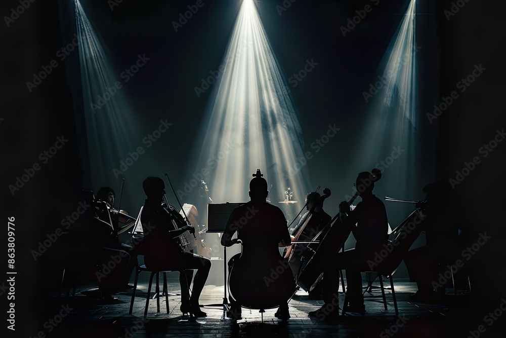 Silhouetted orchestra performing on stage with dramatic lighting ...