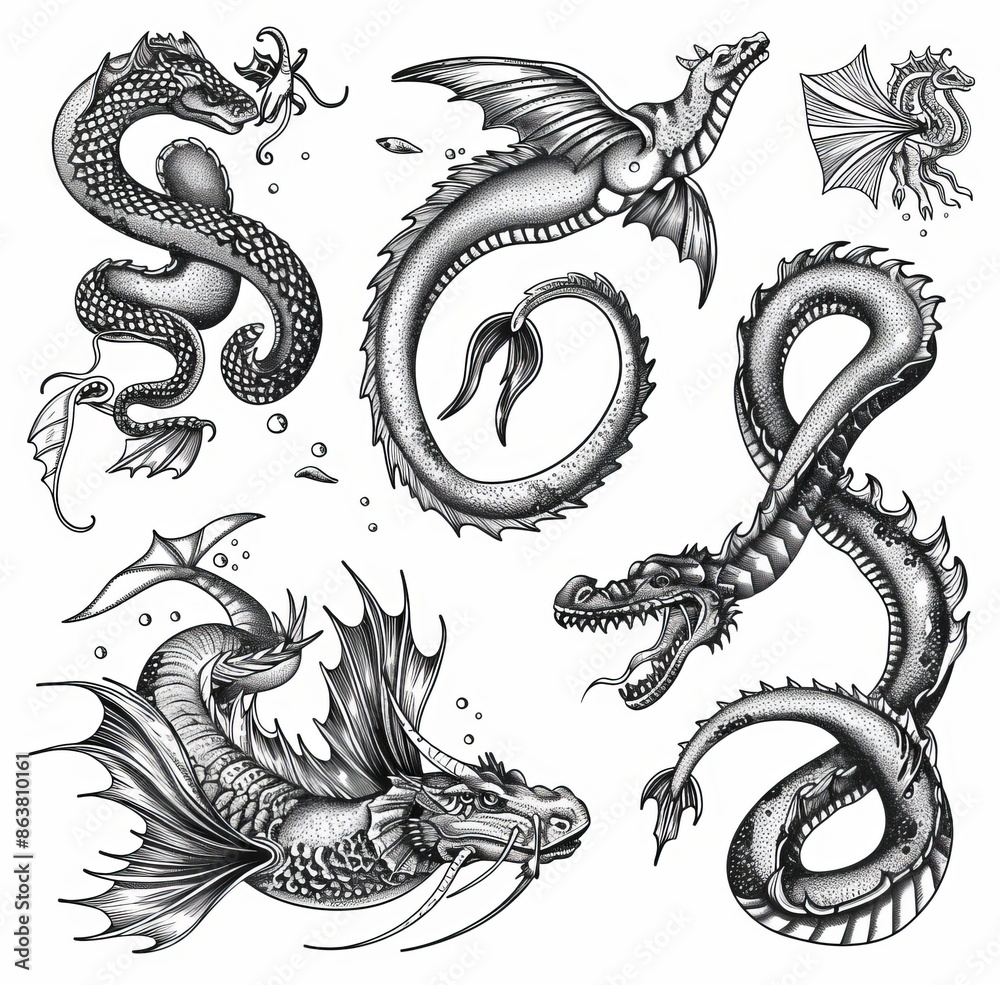 Ancient sea serpent, dragon, leviathan creatures sketch. Sea monsters ...