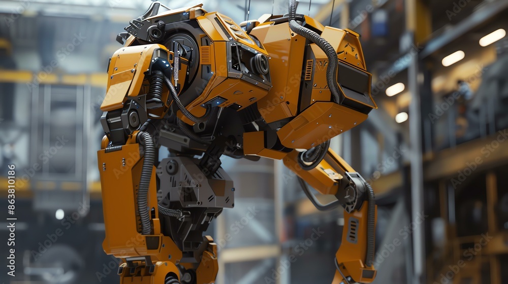 The powerful yellow robot is standing in the factory, it looks like a ...
