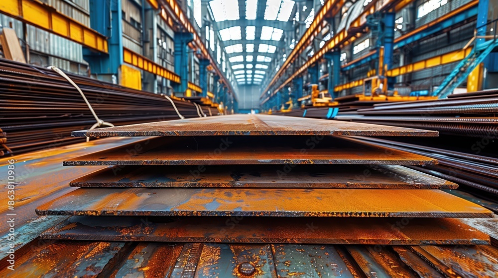Foto de Stacked Rusty Metal Plates in Factory. Stack of rusty metal ...
