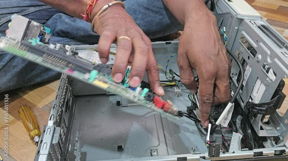 A man is repairing a desktop computer. The concept of computer repair ...