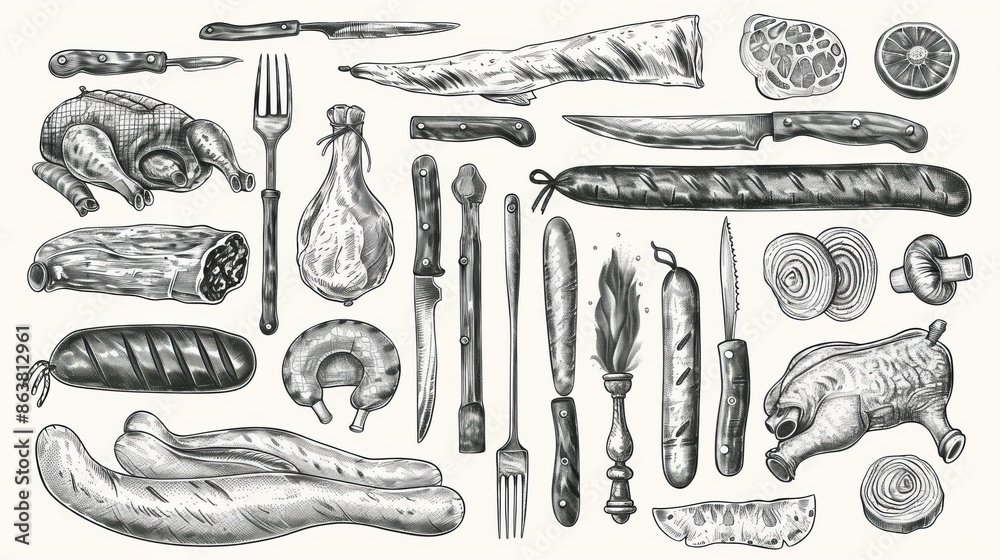 Drawings of beef, pork, sausages, butchery and barbecue tools. Drawings ...