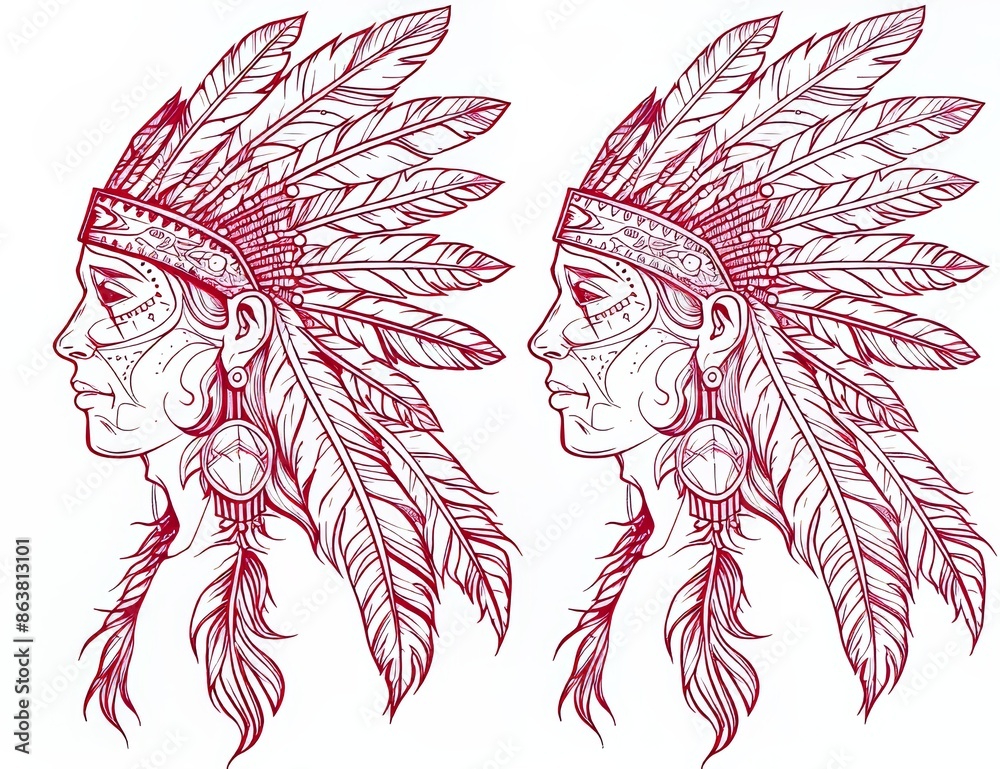 Native American chief sketches. Modern head drawings of Indian men ...