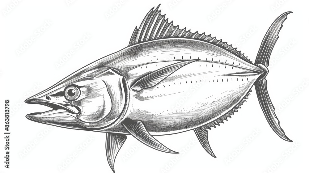 A hand-drawn illustration of a tuna predatory schooling fish, isolated ...