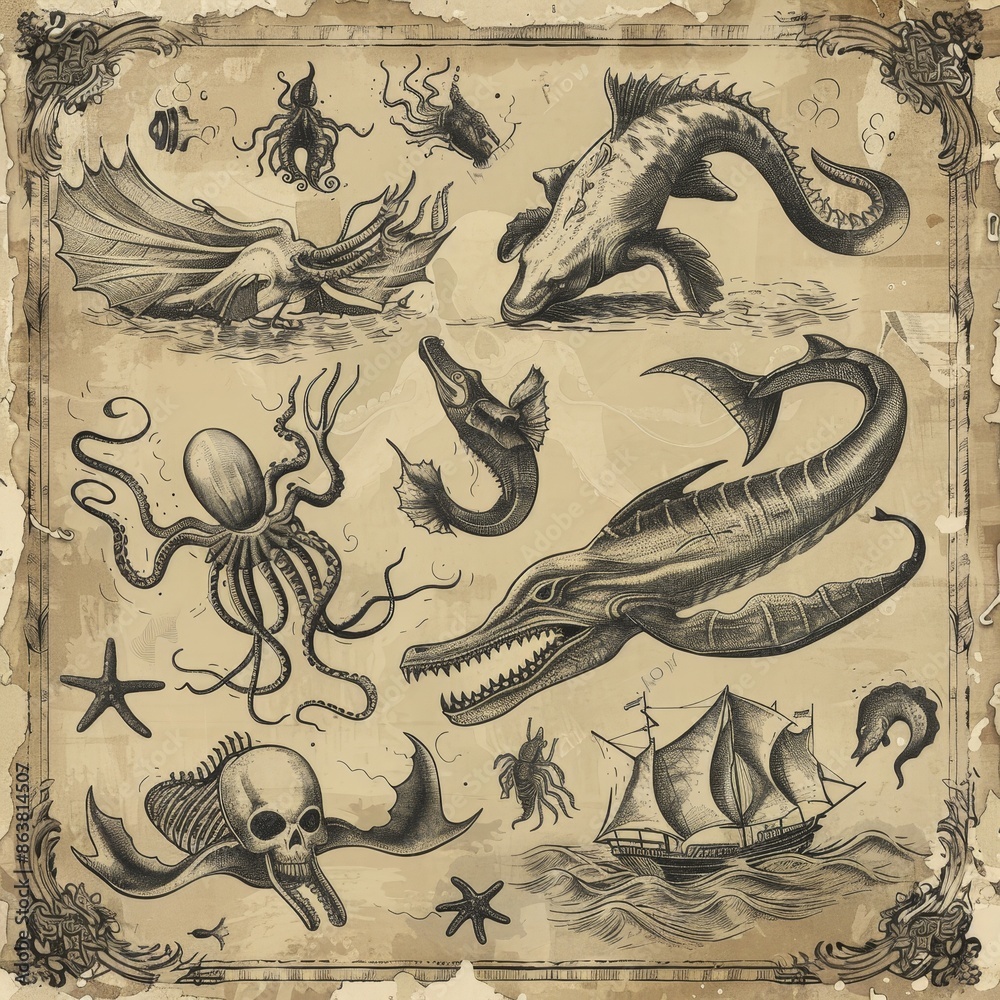 Vintage map elements. Sea serpents, dragons, leviathans, ancient ...