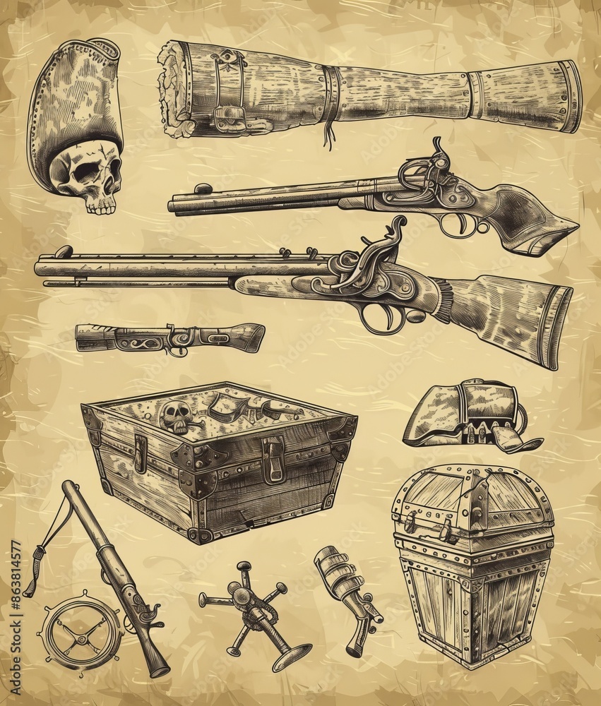 Sketch of chest and musket gun, items of pirate treasures from the past ...