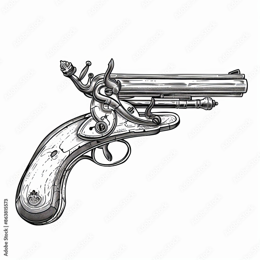 Monochrome sketch icon of flintlock pistol musket revolver handgun ...