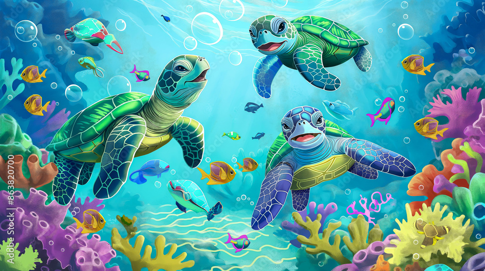Brightly colored cartoon sea turtles swimming in a coral reef with ...