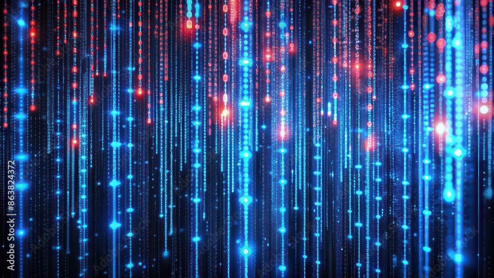 of waves in a blue matrix code structure with red dangerous code lines ...