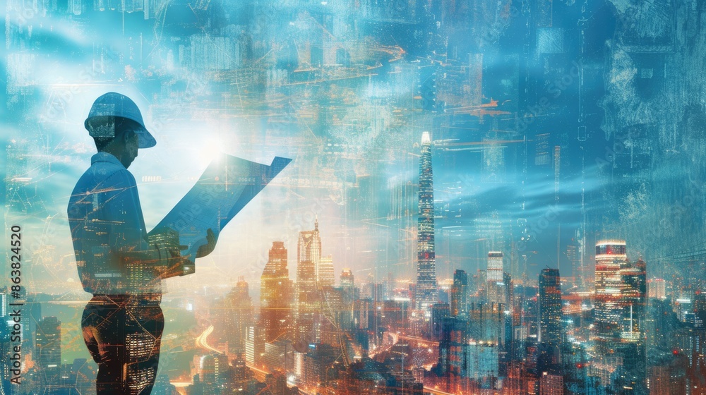 Professional civil engineer holding project plan with double exposure ...