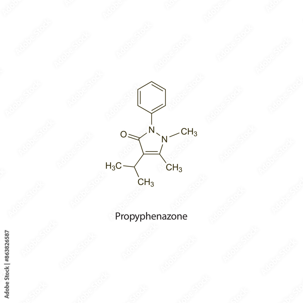 Propyphenazone flat skeletal molecular structure NSAID drug used in ...
