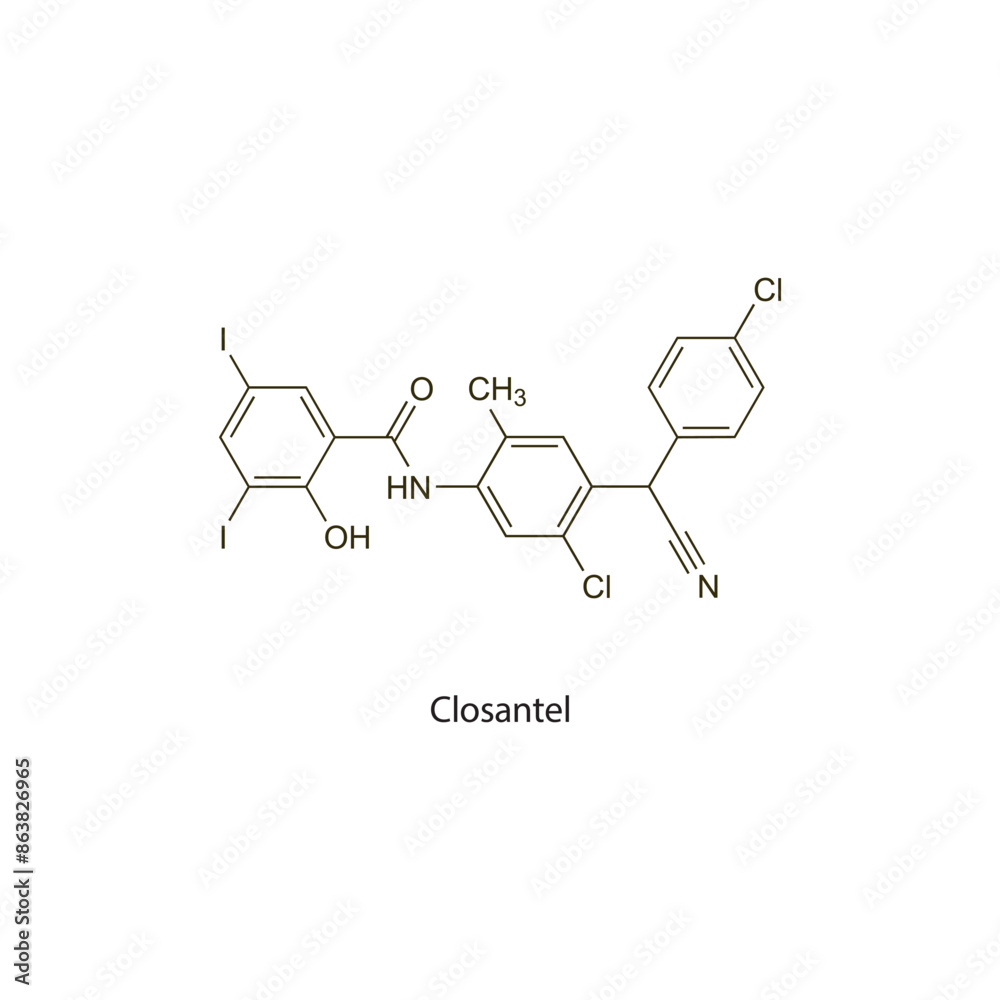 Closantel flat skeletal molecular structure Anthelmintic agent drug ...