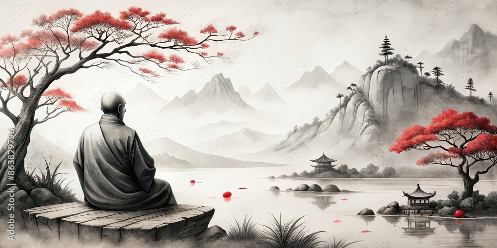 Japanese ink drawing of a meditative landscape with a Buddhist monk in ...