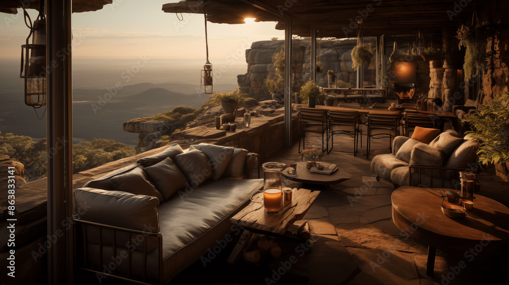 Balcon ou salon de jardin d'un lodge avec un paysage magnifique ...