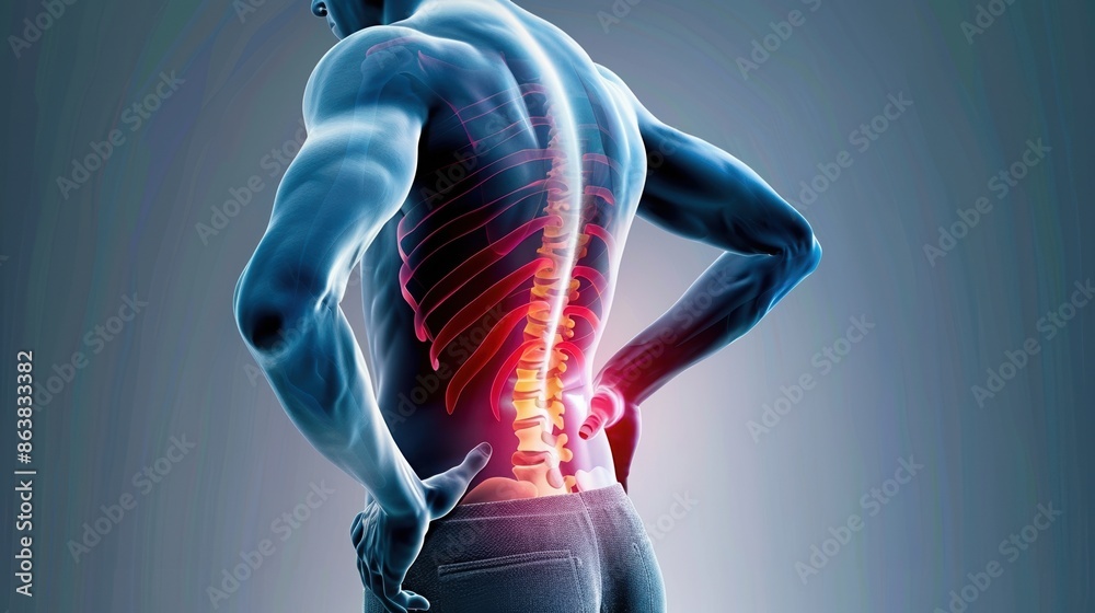 3D illustration of a lumbar spine with a highlighted painful area ...