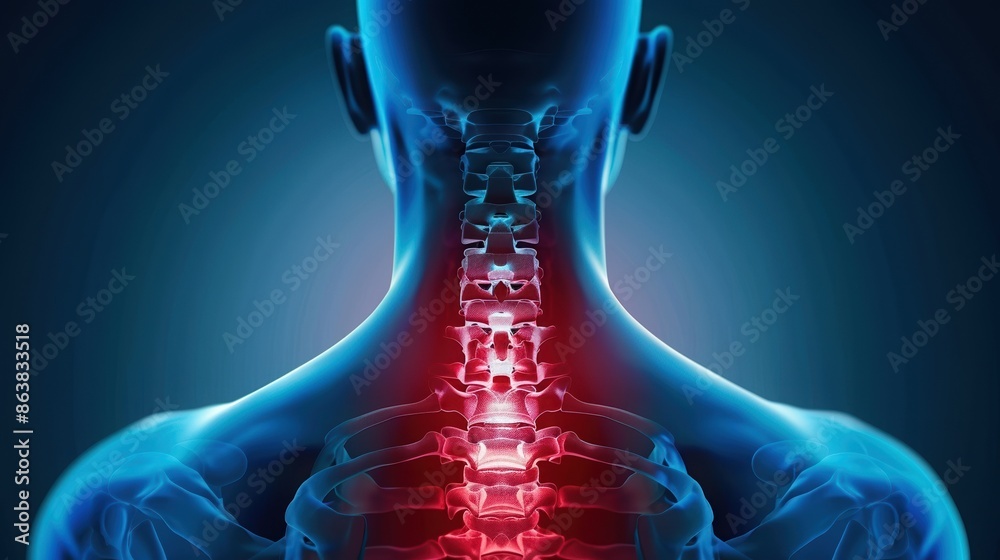 3D illustration showing neck pain with a highlighted cervical spine ...
