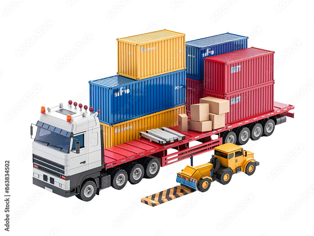 A white semi-trailer truck hauling colorful shipping containers with a ...