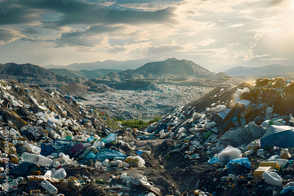 sprawling landfill site overflowing with mountains of discarded plastic waste, highlighting the ...