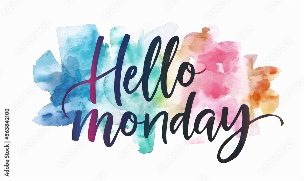 Watercolor paint imitation splash background with Hello Monday text ...