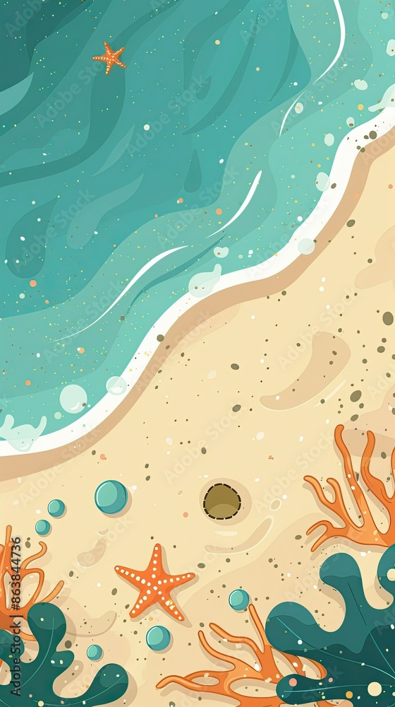 "Cartoon Style Beach Sand with Starfish and Sea Plants, Perfect for ...
