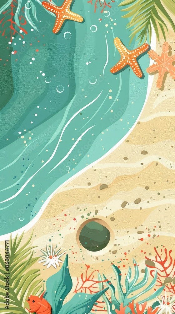 "Cartoon Style Beach Sand with Starfish and Sea Plants, Perfect for ...