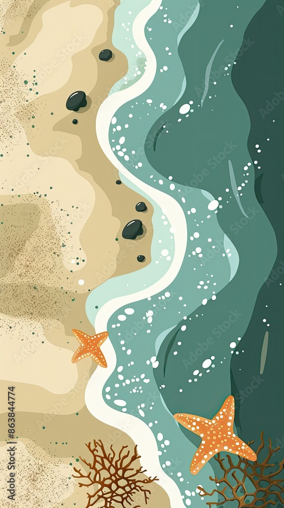 "Cartoon Style Beach Sand with Starfish and Sea Plants, Perfect for ...