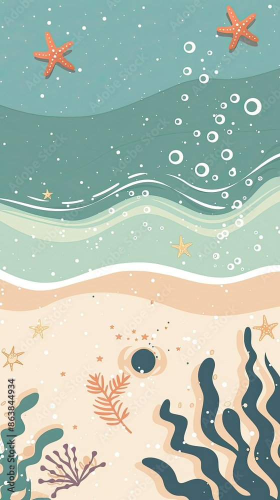 "Cartoon Style Beach Sand with Starfish and Sea Plants, Perfect for ...