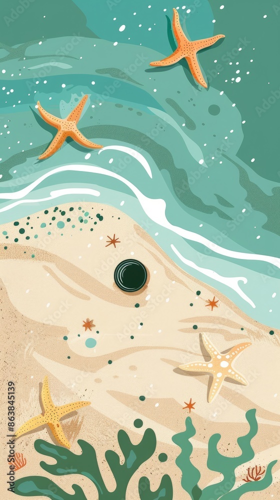 "Cartoon Style Beach Sand with Starfish and Sea Plants, Perfect for ...