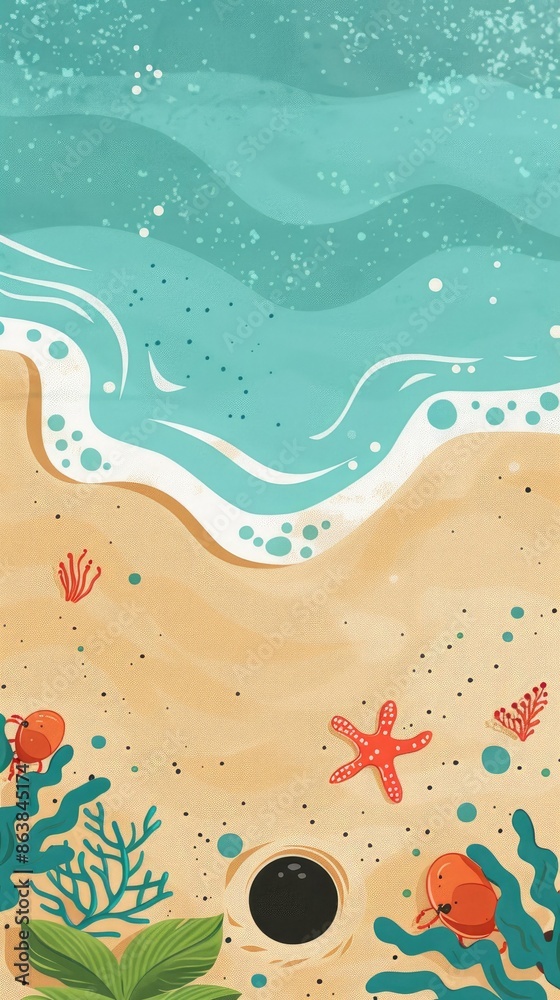 "Cartoon Style Beach Sand with Starfish and Sea Plants, Perfect for ...
