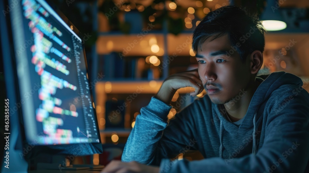 An Asian Man Thinking Deeply About Coding At Night, The Screen'S Glow ...