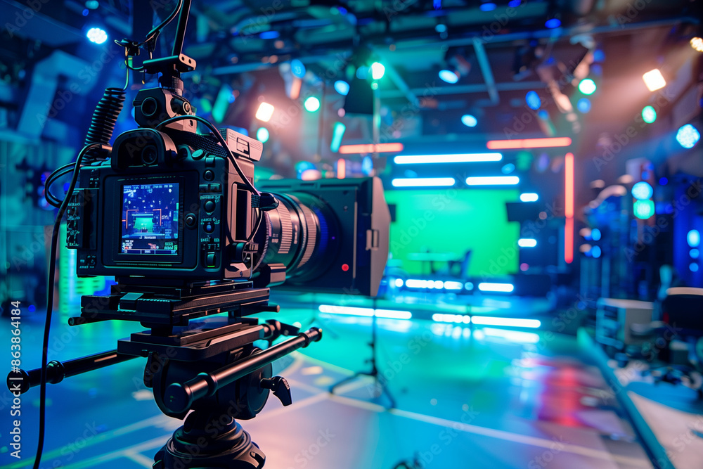 A professional cinema camera on its tripod stand positioned in the ...