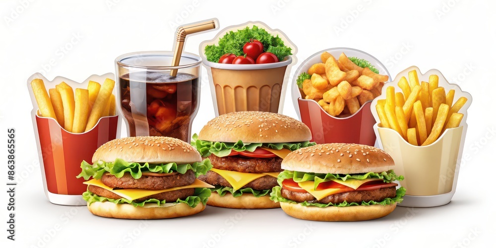 Fast food restaurant menu stickers for burger, fries, soda, and more ...