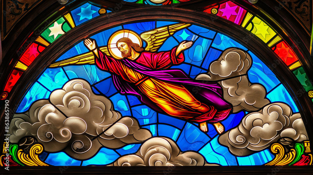 Jesus piloting an airplane in a stained glass window. Stock ...