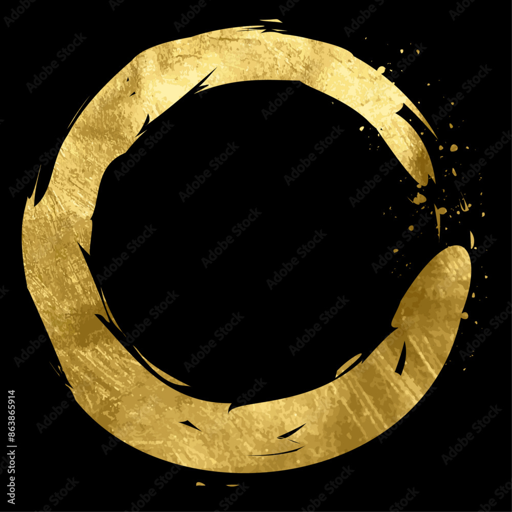 Gold brush stroke. Sparkling golden ring frame made on brush stroke ...