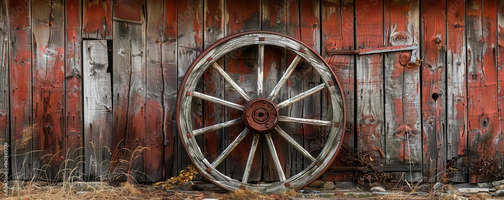 Old wooden wagon wheel leaning against a weathered barn, rich patina ...