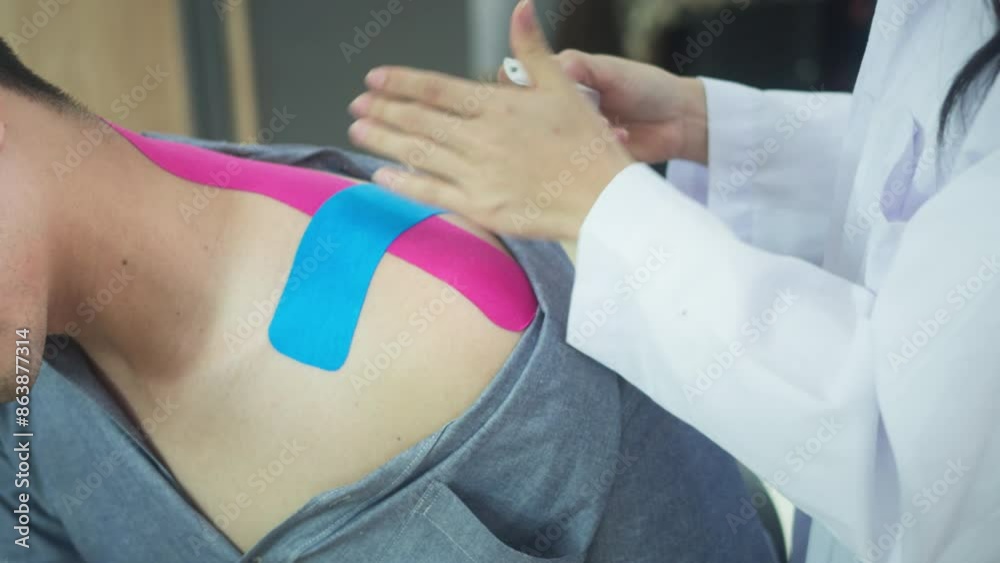 Physiotherapy specialist treating injured muscles of young athlete applying kinesio tape on the ...