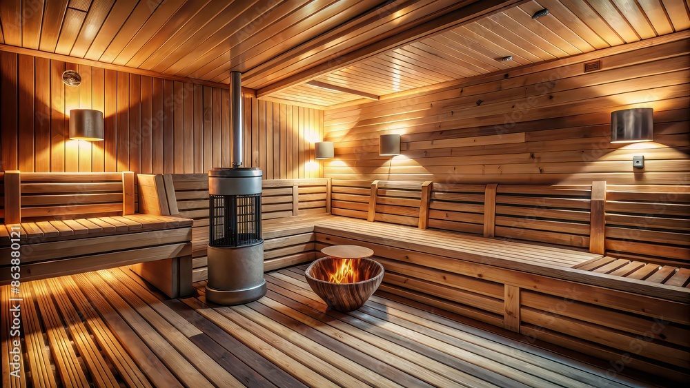 Rustic Finnish sauna interior with wooden benches, walls, and ...