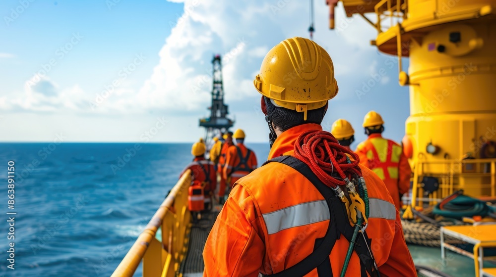 Oil workers, wearing helmets and personal protective equipment, stand ...