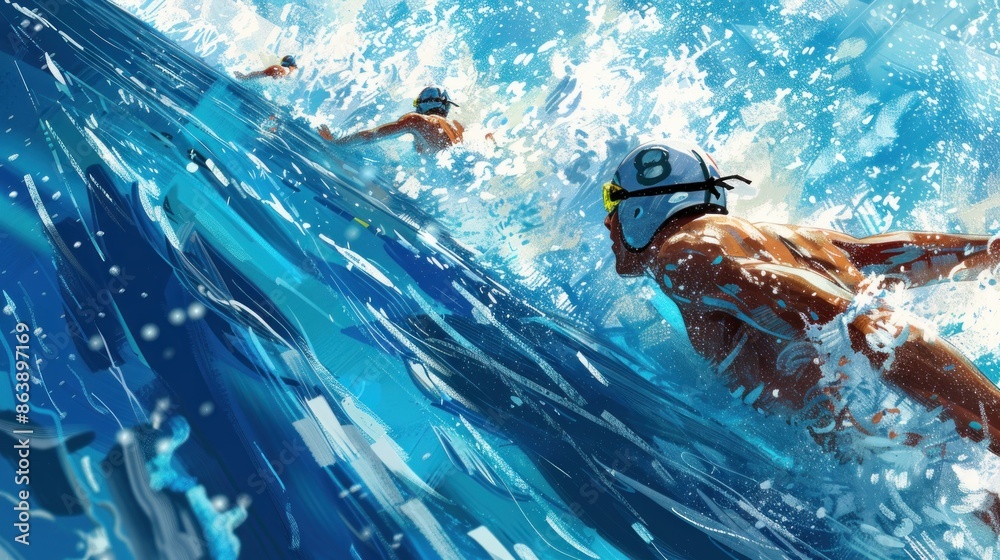 A detailed 2D illustration of an Olympic swimming competition, with ...