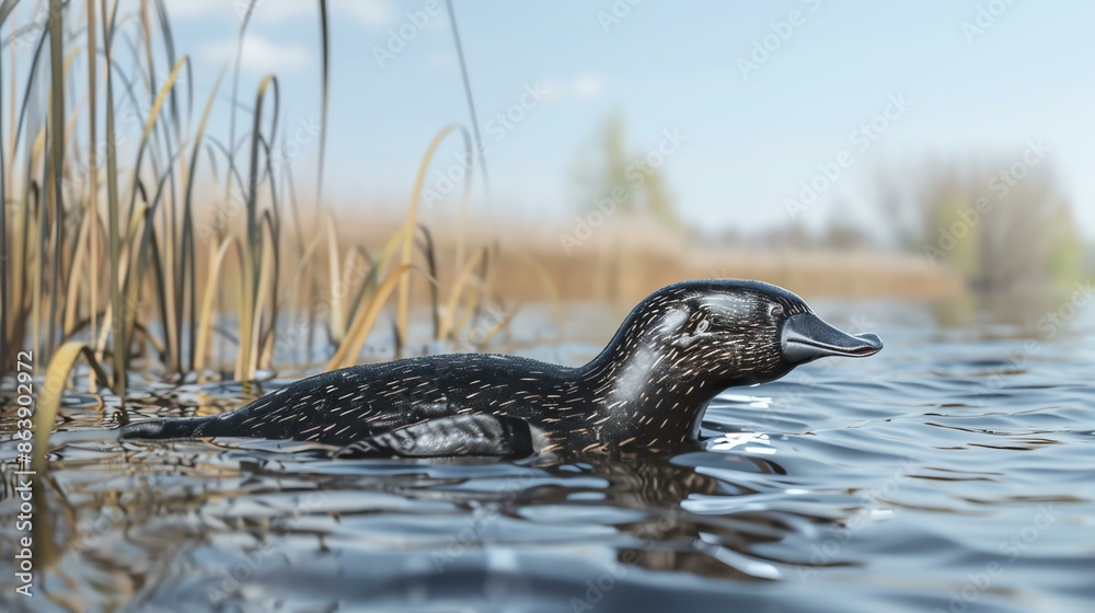 A prehistoric duck-billed platypus-like creature swims in a lake. Its ...