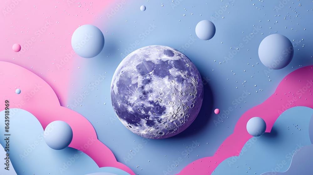 Half moon with planets flat design front view theme outer space 3D ...