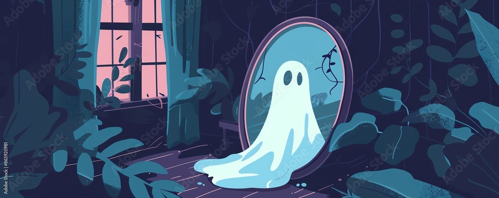 Ghost in mirror flat design side view theme creepy animation Tetradic ...