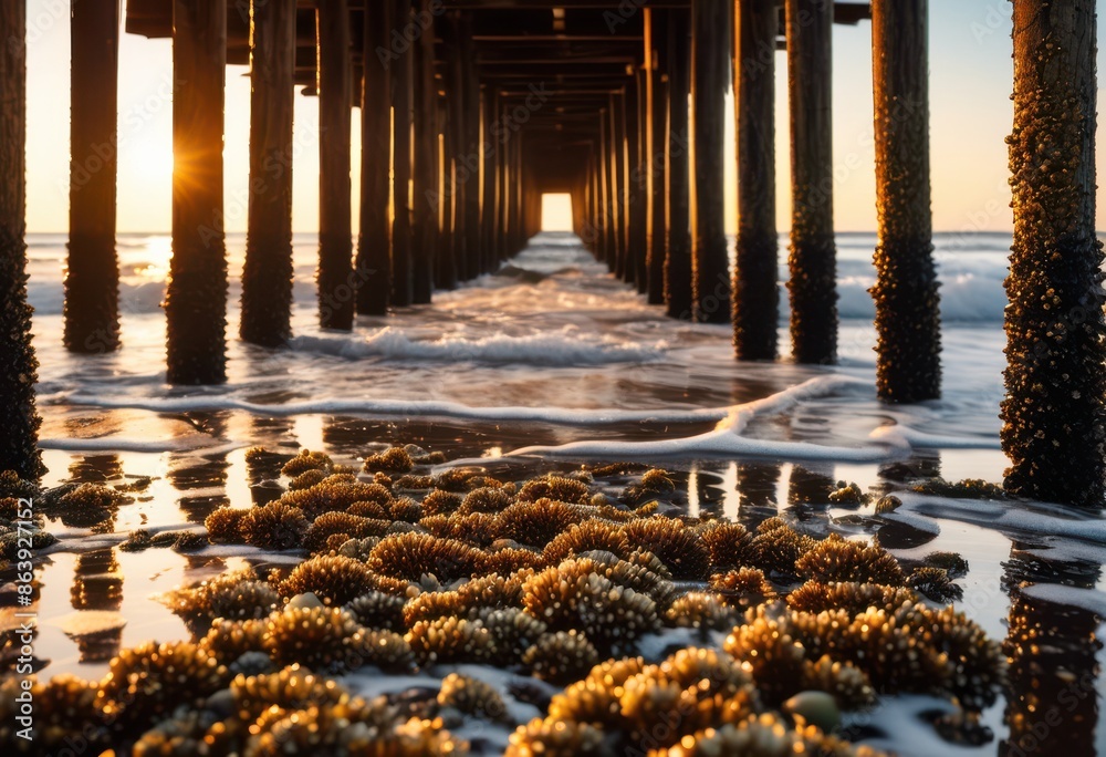 weathered pier covered barnacles nature texture background, beach ...