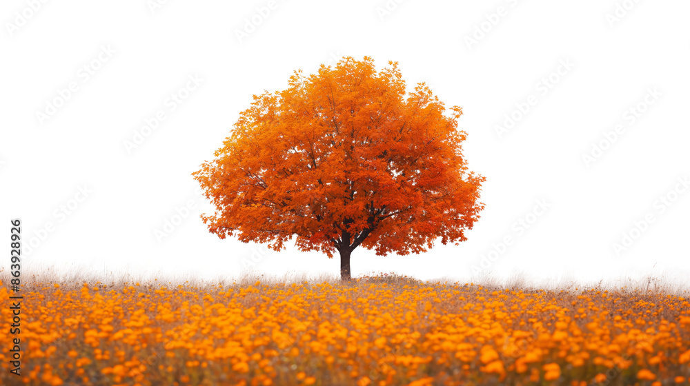 big autumn maple tree grown on yellow cosmos flower field , nature ...