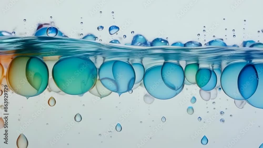 Vibrant bubbles of various sizes are suspended in water, creating an ...