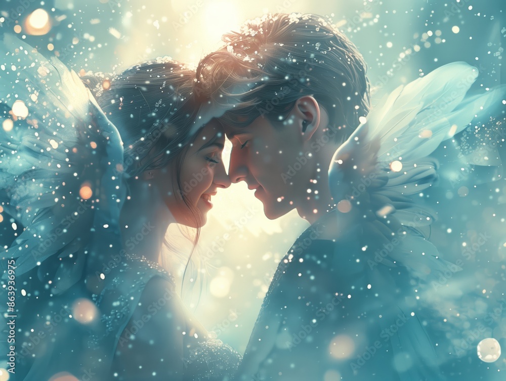 A beautiful couple in love, with a happy smile and angel wings ...