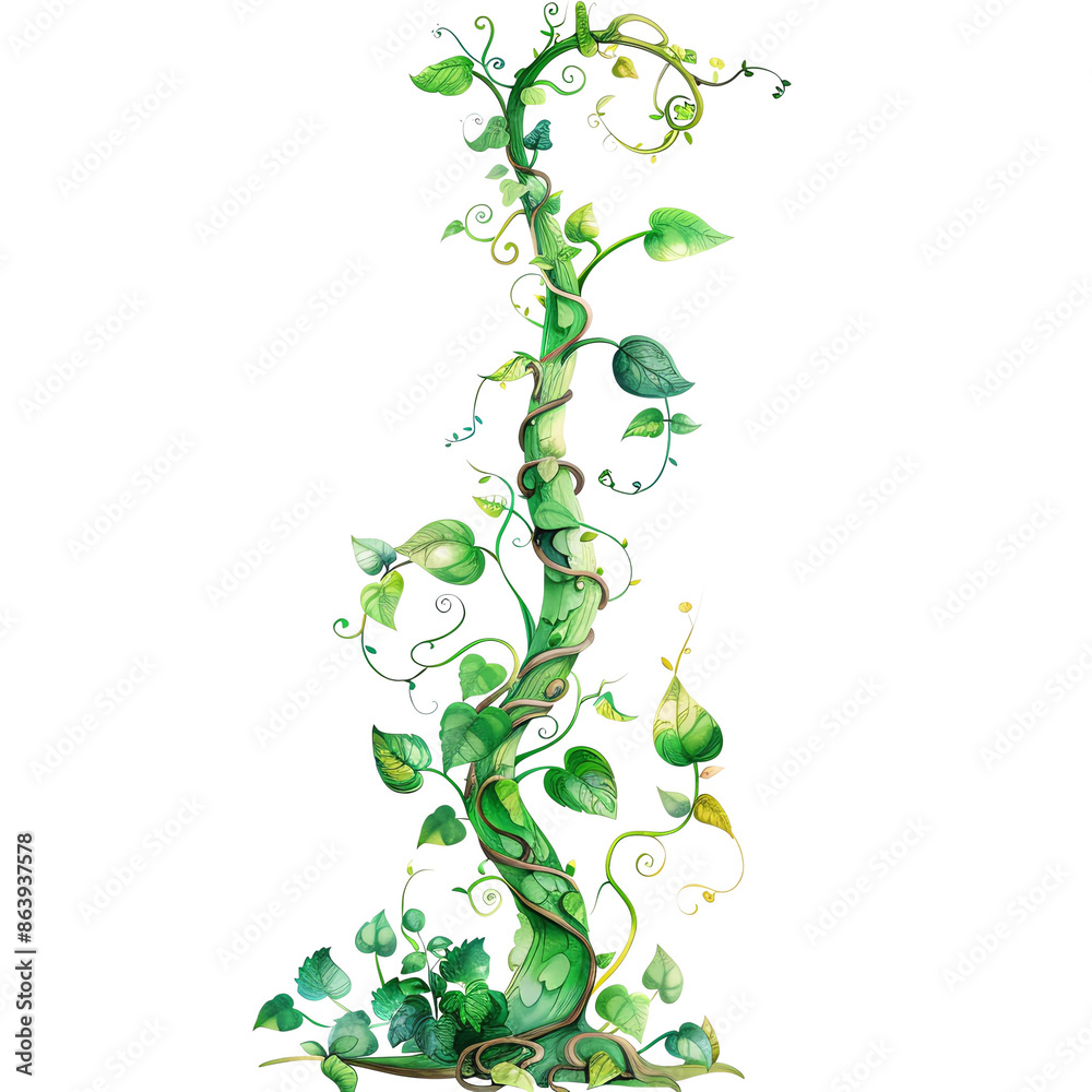 Illustration of a tall, winding beanstalk with lush green leaves ...